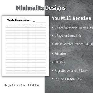 Table Reservation List, Restaurant Table Reservation List, Printable ...