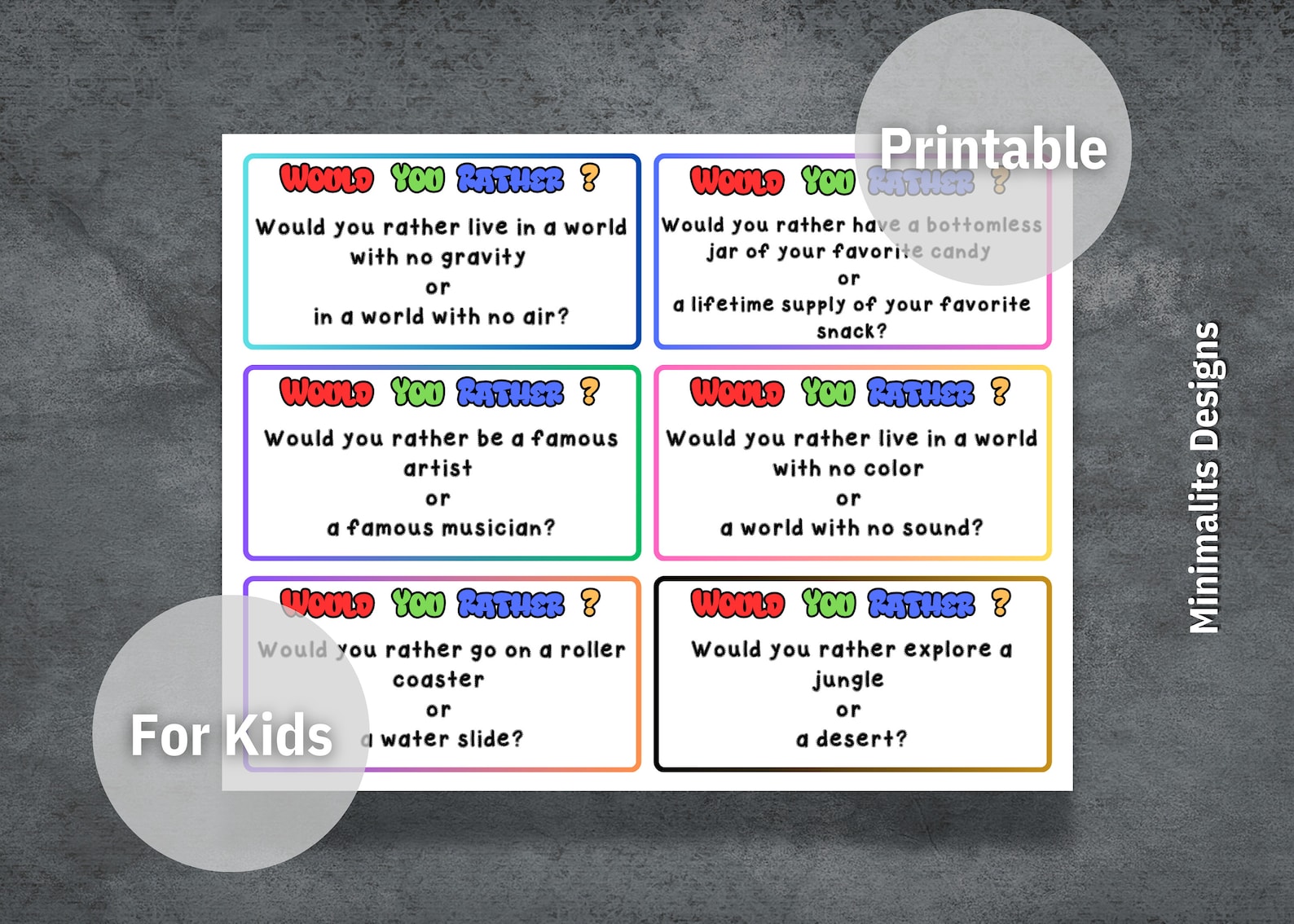 Would You Rather, Would You Rather for Kids, Printable Card Game, Kids ...