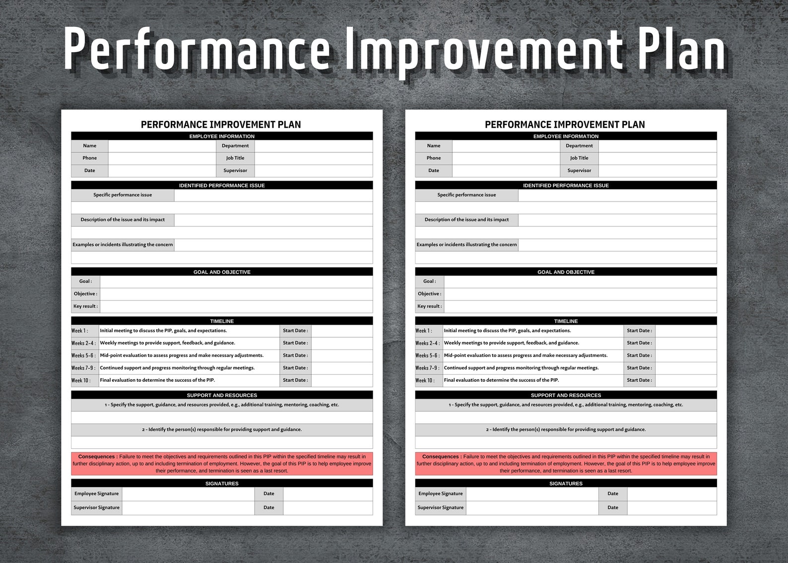 Performance Improvement Plan Template, Printable PIP Form, Human ...