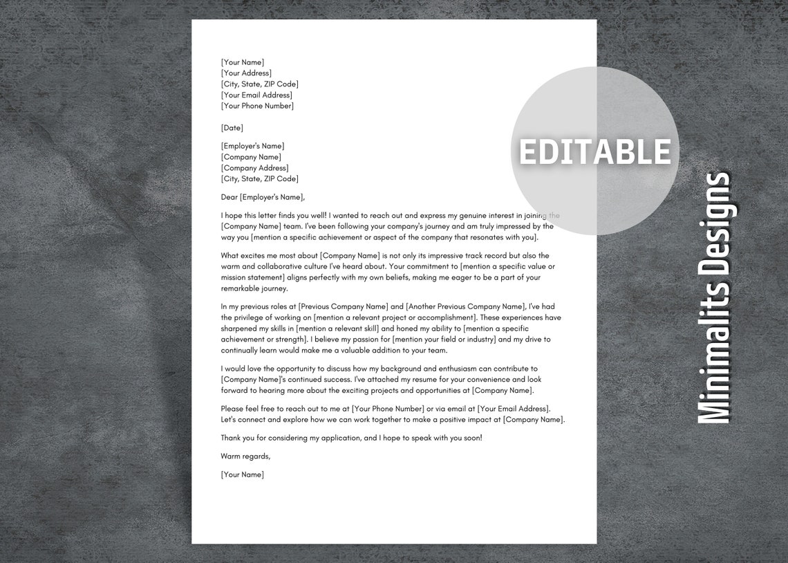 Cover Letter Template, Printable Cover Letter, Editable Professional ...