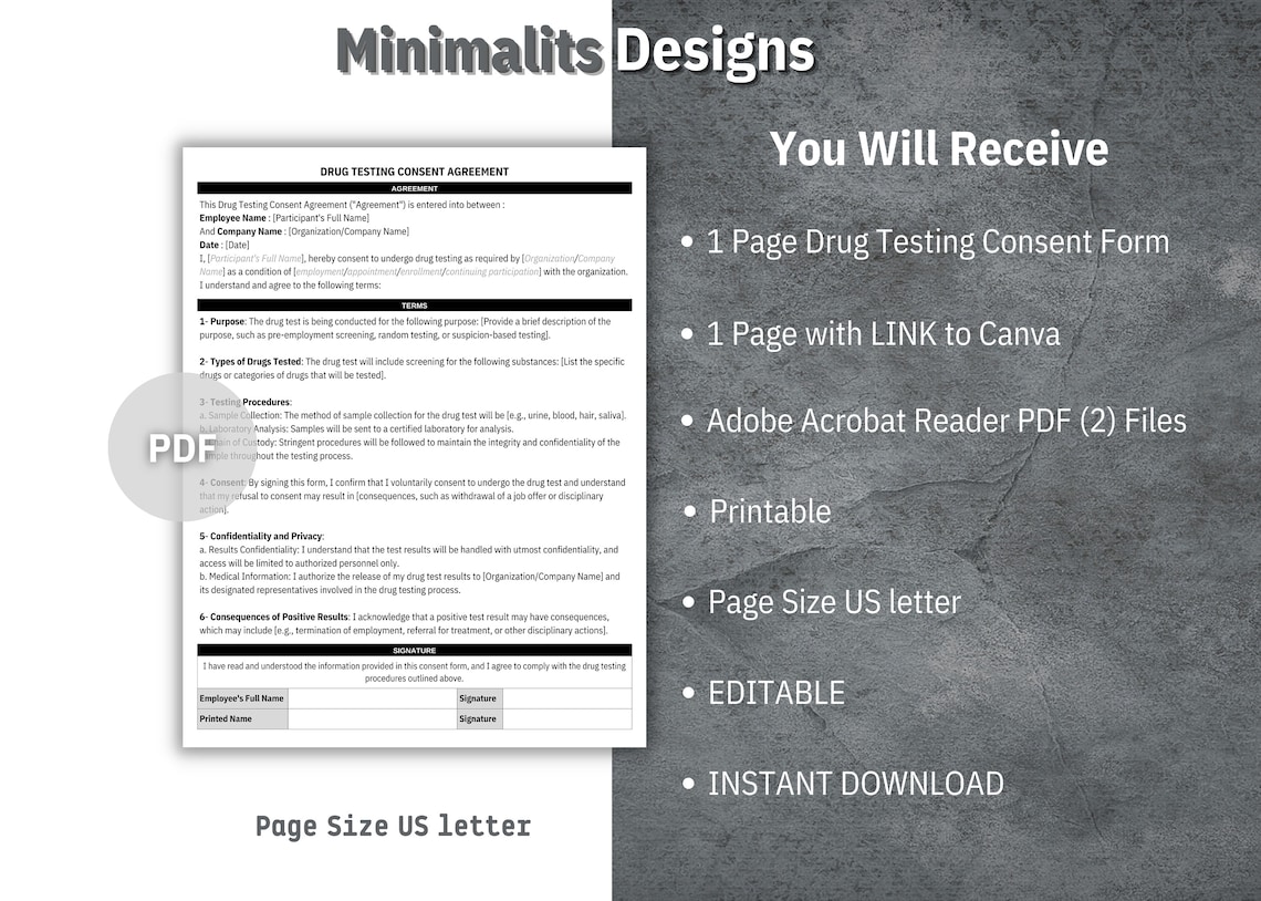 Drug Test Consent Form, Editable Drug Testing Consent Agreement, Human ...