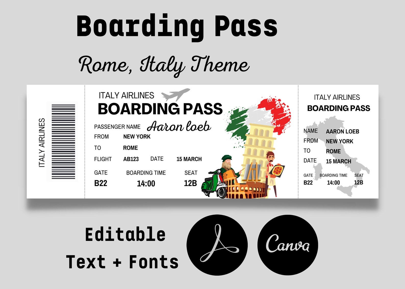 Italy Boarding Pass, Editable Boarding Pass, Vacation Ticket, Printable ...