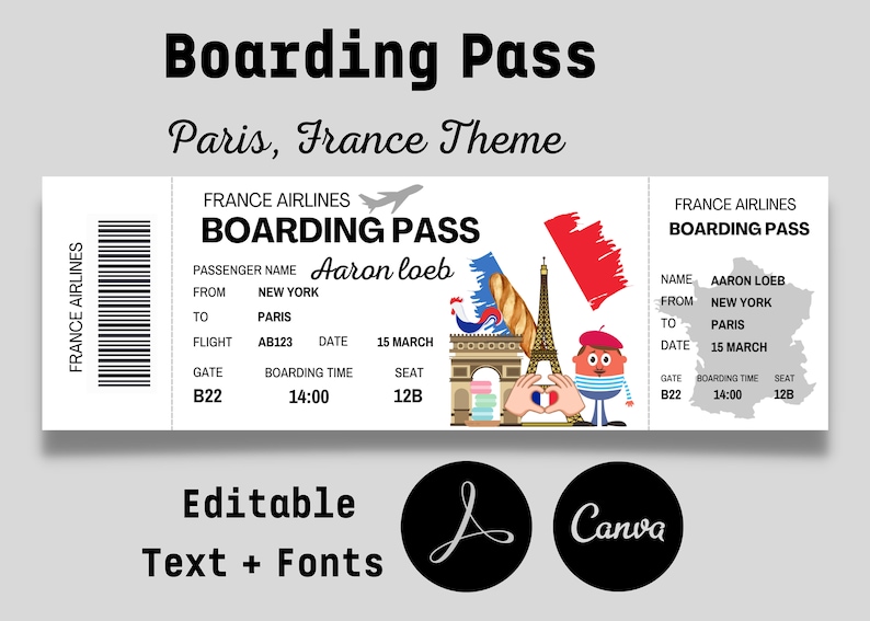 France Boarding Pass, Editable Boarding Pass, Vacation Ticket ...