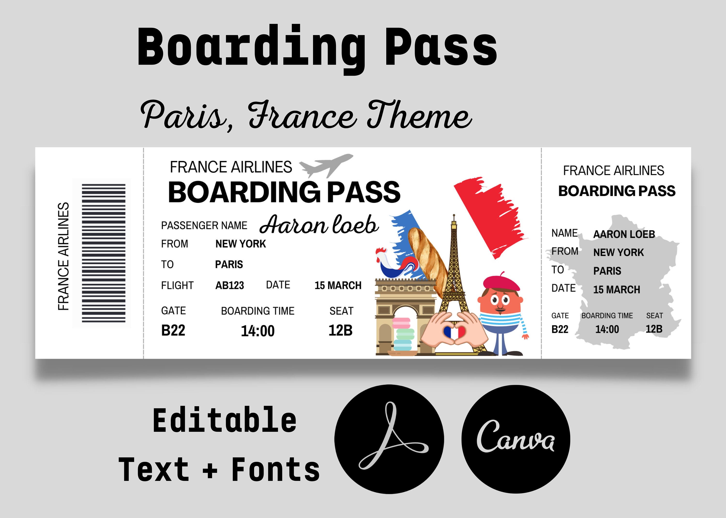France Boarding Pass, Editable Boarding Pass, Vacation Ticket ...