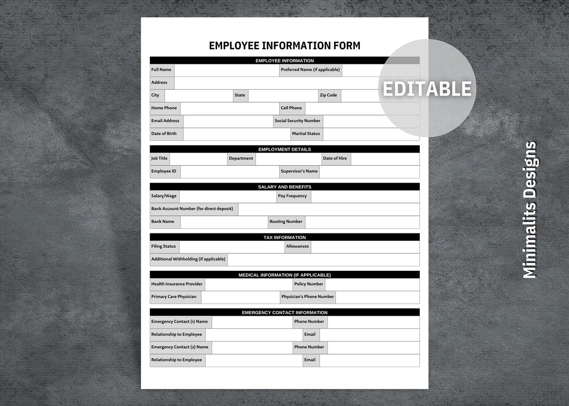 Employee Information Form, Printable New Hire Template, HR Template ...