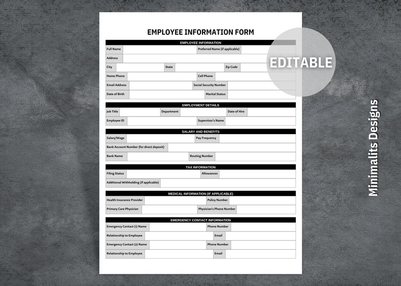 Employee Information Form, Printable New Hire Template, HR Template ...