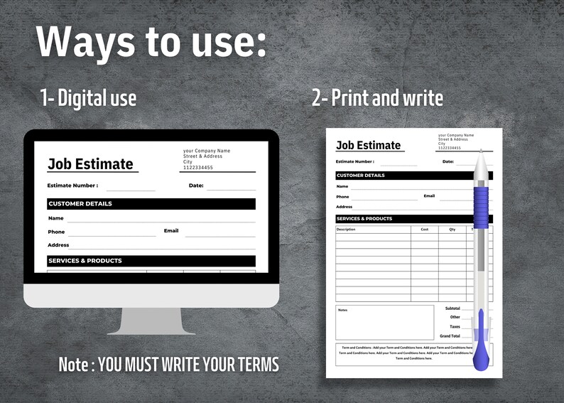 Job Estimate, Editable Job Estimate, Contractor Estimate, Job Estimate ...