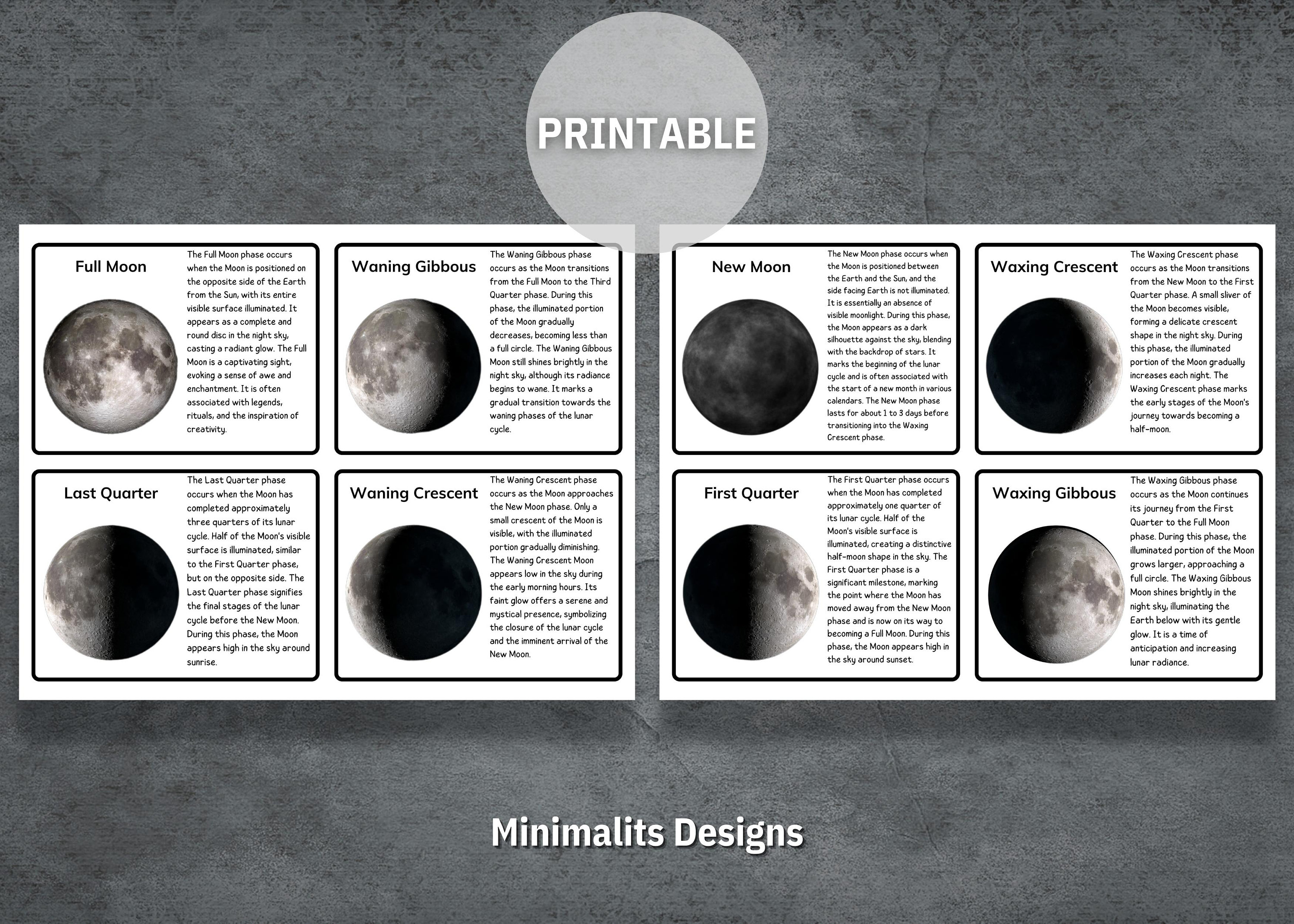Moon Phases Flash Cards, Preschool Flashcards, Printable Montessori ...