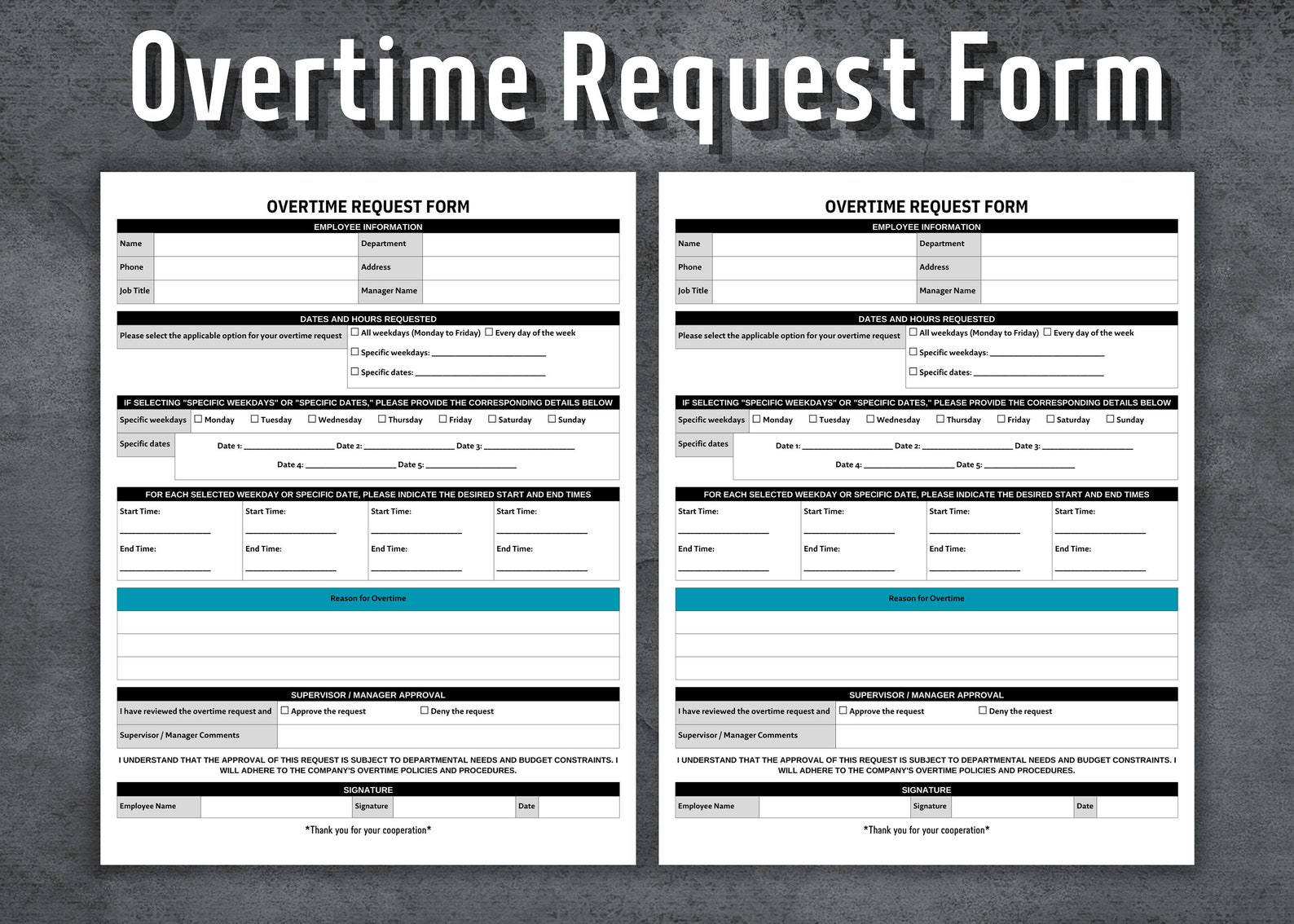 Overtime Request Form, Printable Employee Time Template, HR Templates ...