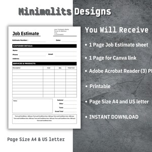 Job Estimate, Editable Job Estimate, Contractor Estimate, Job Estimate ...