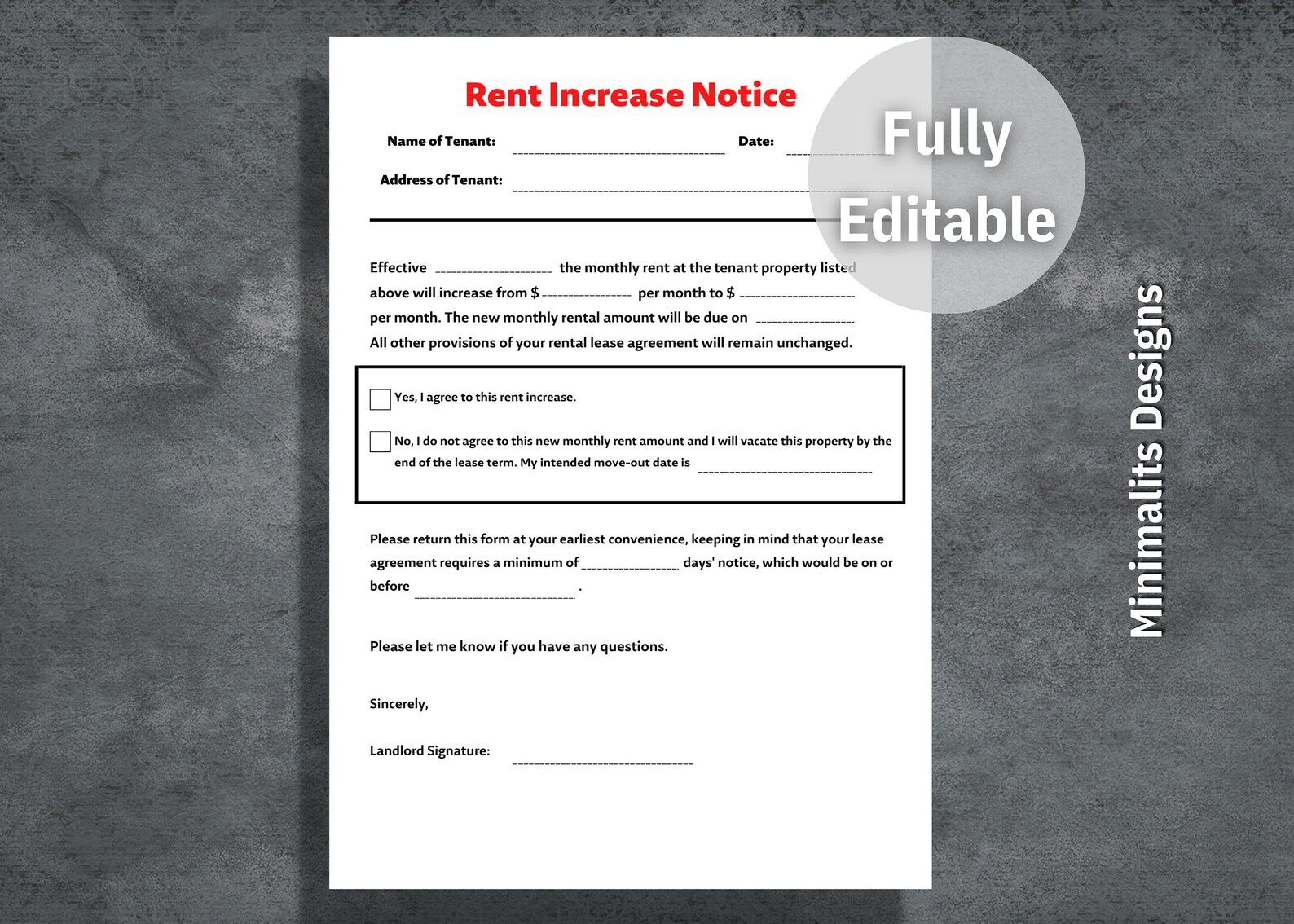 Rent Increase Notice, Rental Increase Template, Tenant Notice Form ...