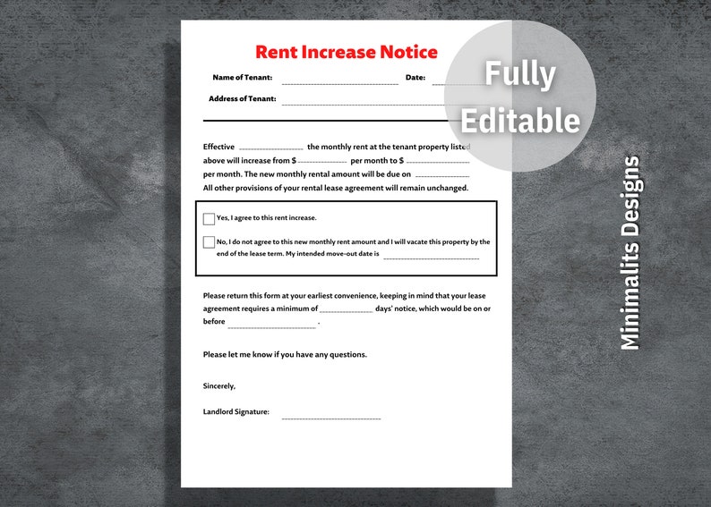 Rent Increase Notice, Rental Increase Template, Tenant Notice Form ...