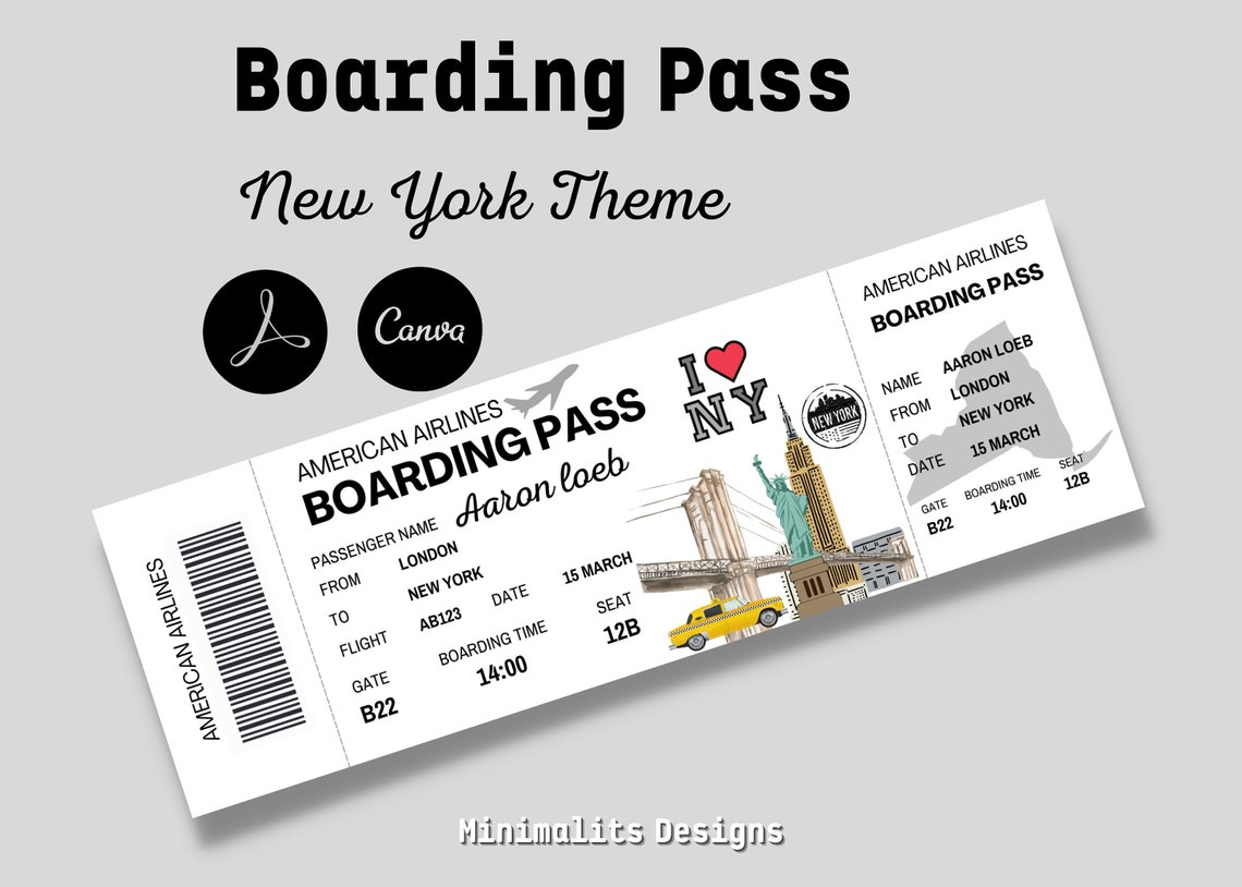 New York Boarding Pass, Editable Boarding Pass, Vacation Ticket ...