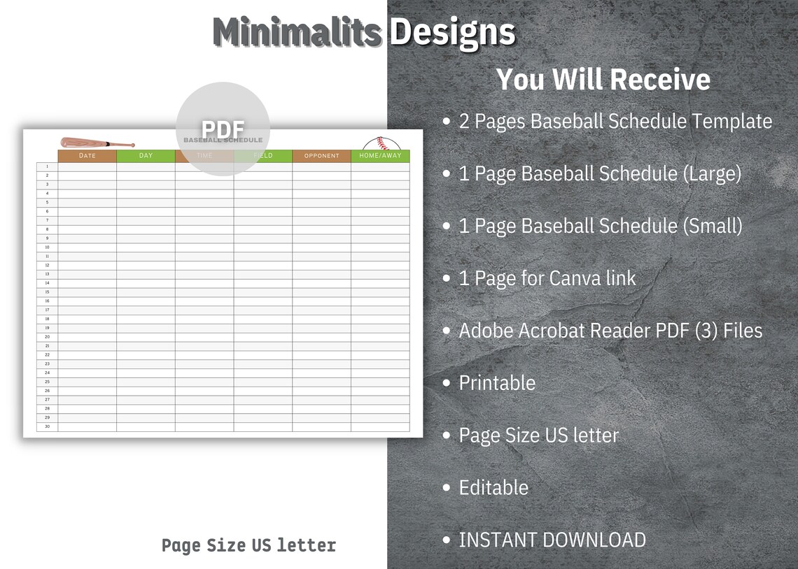 Baseball Schedule Template, Printable Baseball Schedule, Editable ...