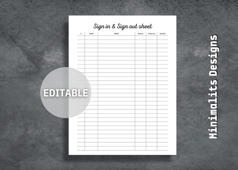 Sign in and Sign Out Sheet, Printable Sign in and Sign Out Sheet, Sign ...