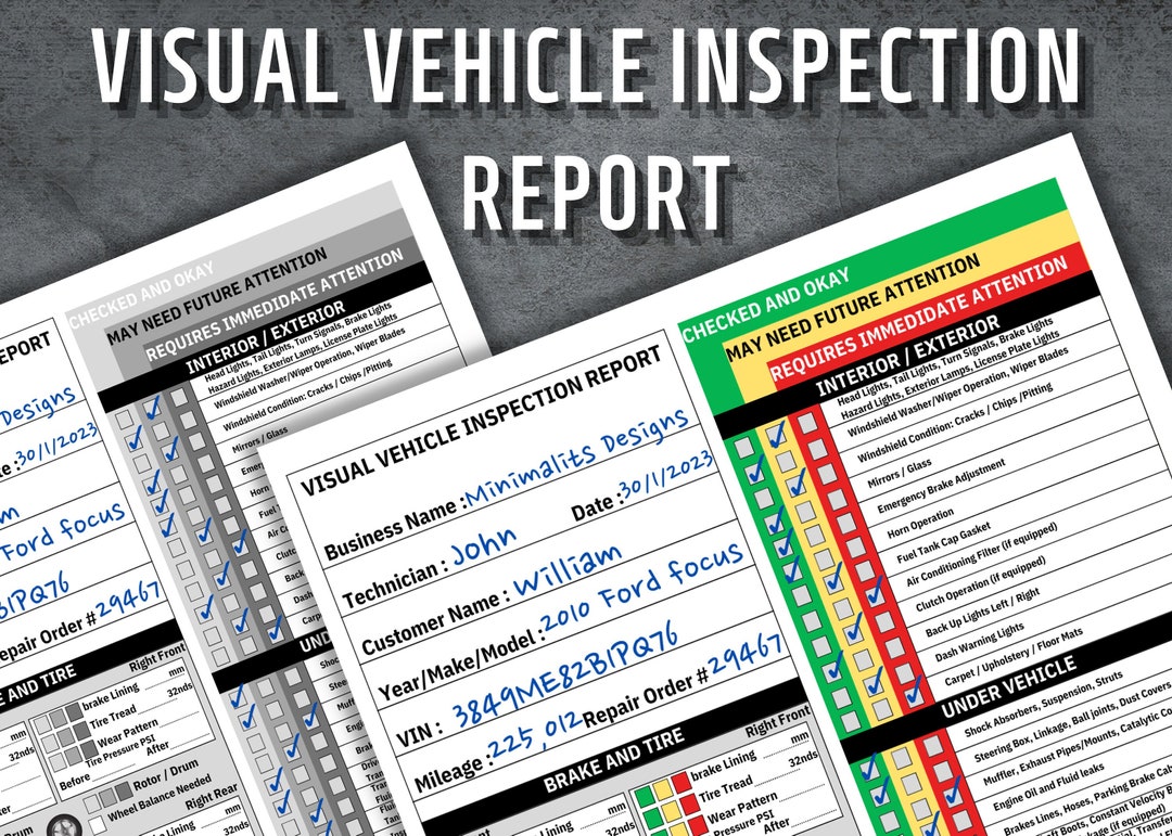 Visual Vehicle Inspection Report, Vehicle Inspection Worksheet, Car ...