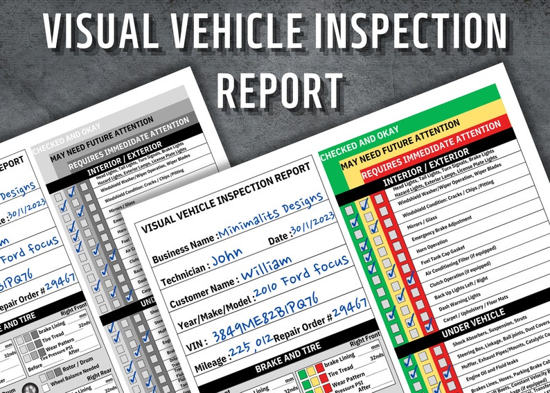 Visual Vehicle Inspection Report, Vehicle Inspection Worksheet, Car ...