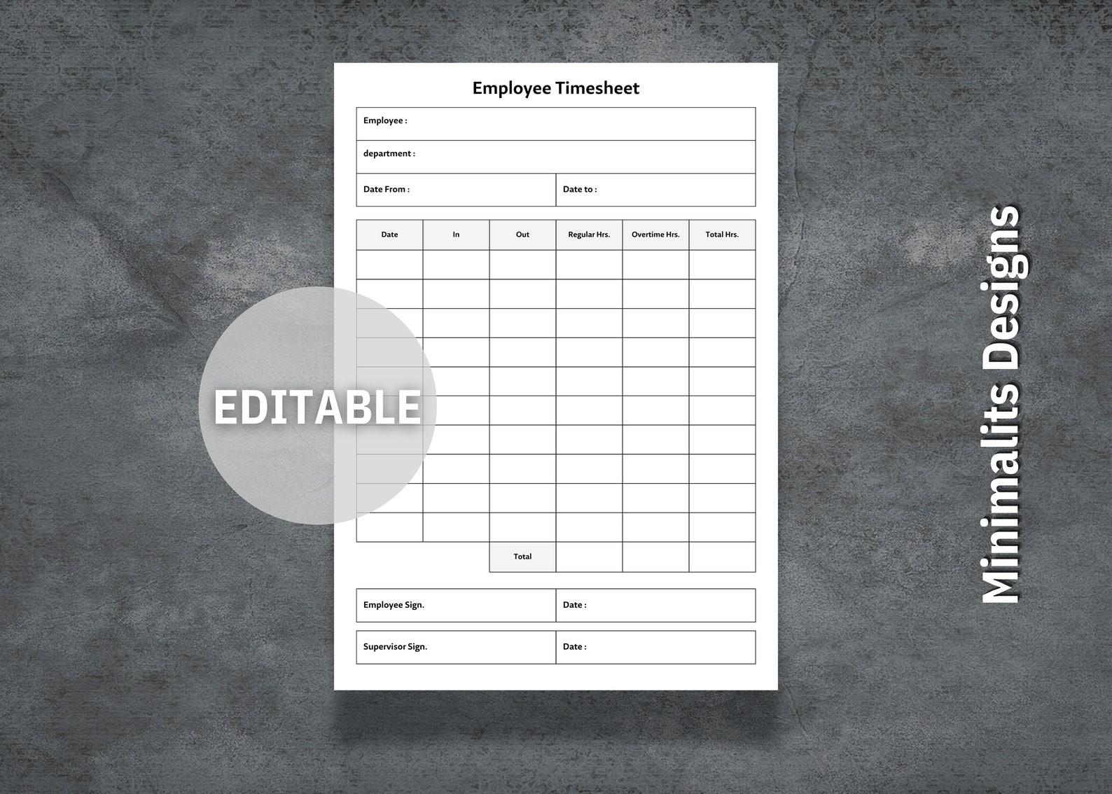 Employee Timesheet, Time Card, Editable Employee Timesheet, Time ...