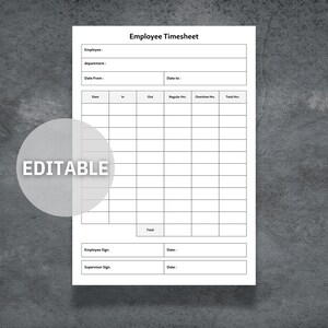 Employee Timesheet, Time Card, Editable Employee Timesheet, Time ...