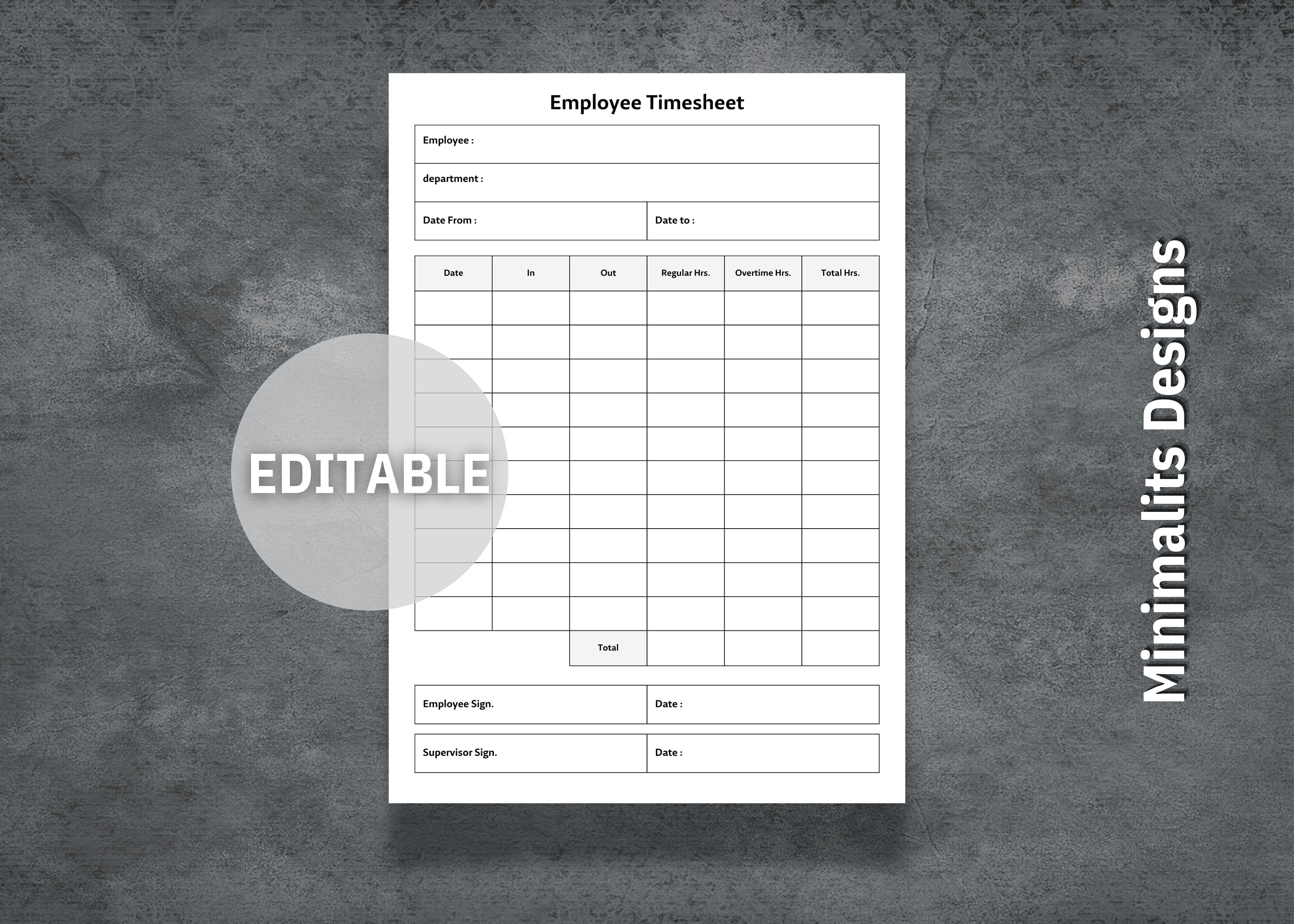 Employee Timesheet, Time Card, Editable Employee Timesheet, Time ...