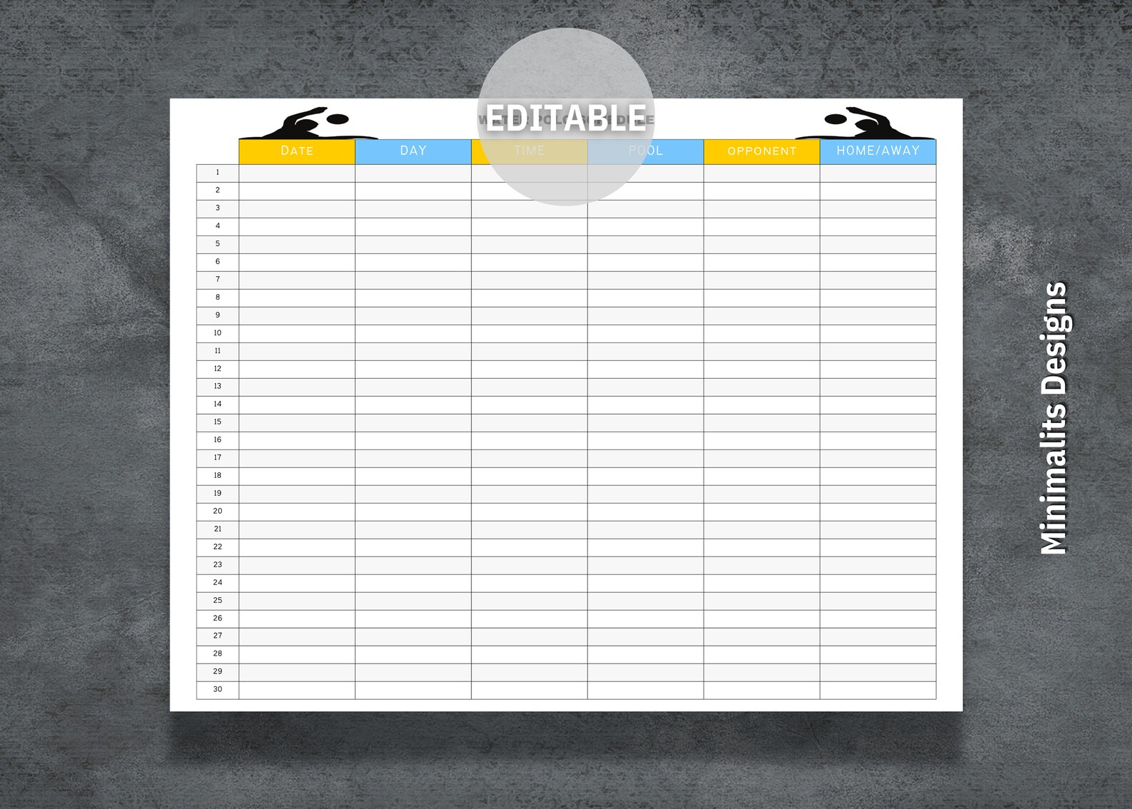 Water Polo Schedule Template, Printable Water Polo Schedule, Editable ...