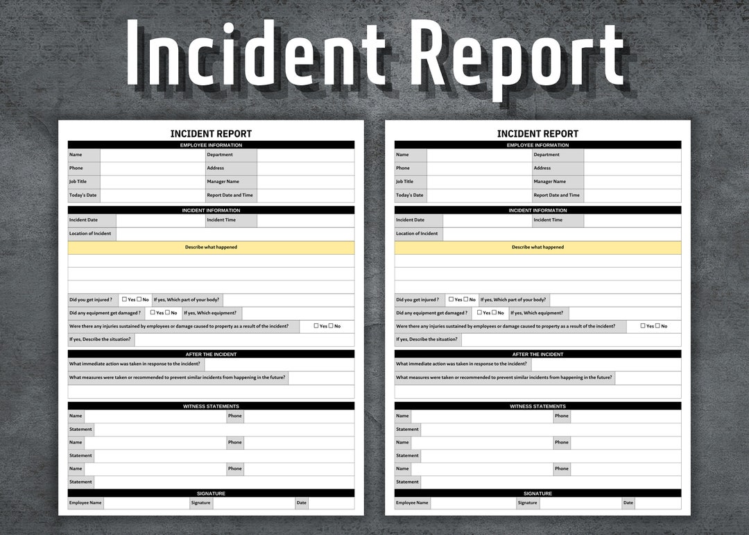 Incident Report Form, Work Accident Report, Employee Injury, Printable ...