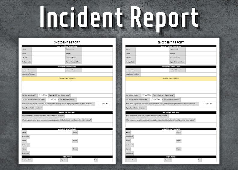 Incident Report Form, Work Accident Report, Employee Injury, Printable ...