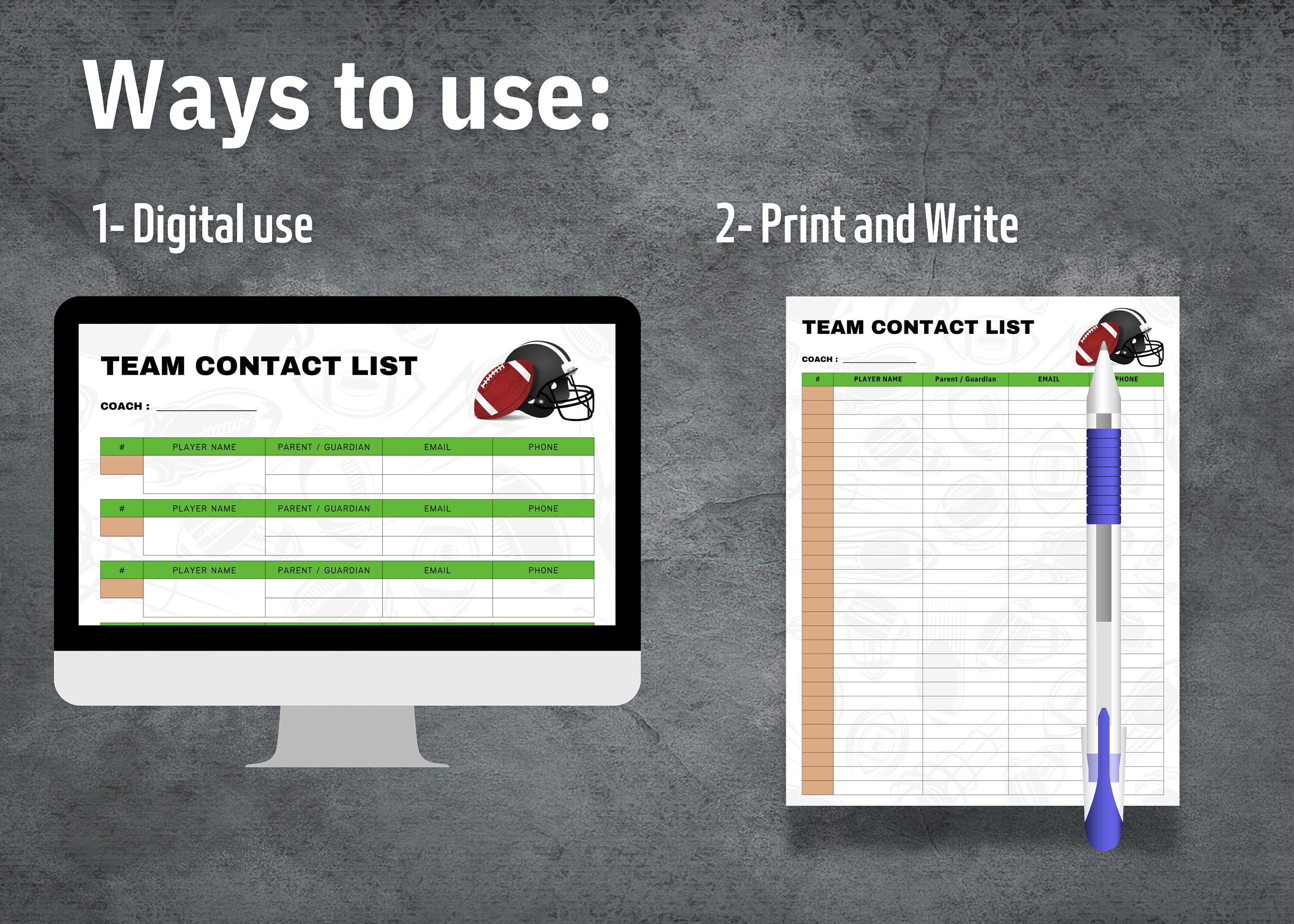 American Football Team Contact List, Information Sheet, Printable ...