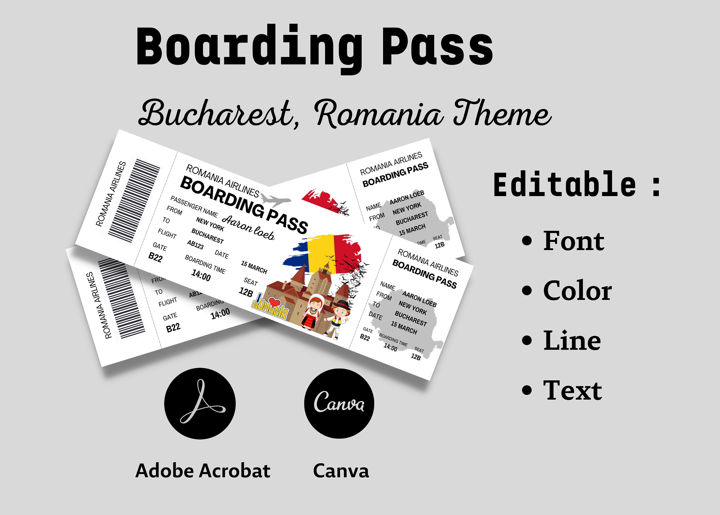 Romania Boarding Pass, Editable Boarding Pass, Vacation Ticket ...