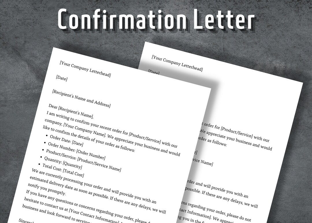 Confirmation Letter, Printable Confirmation Order, Confirming Agreement ...