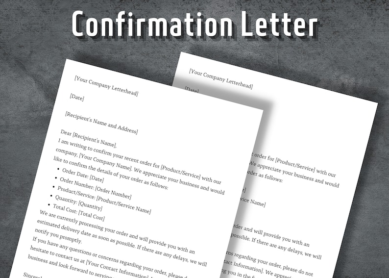 Confirmation Letter, Printable Confirmation Order, Confirming Agreement ...