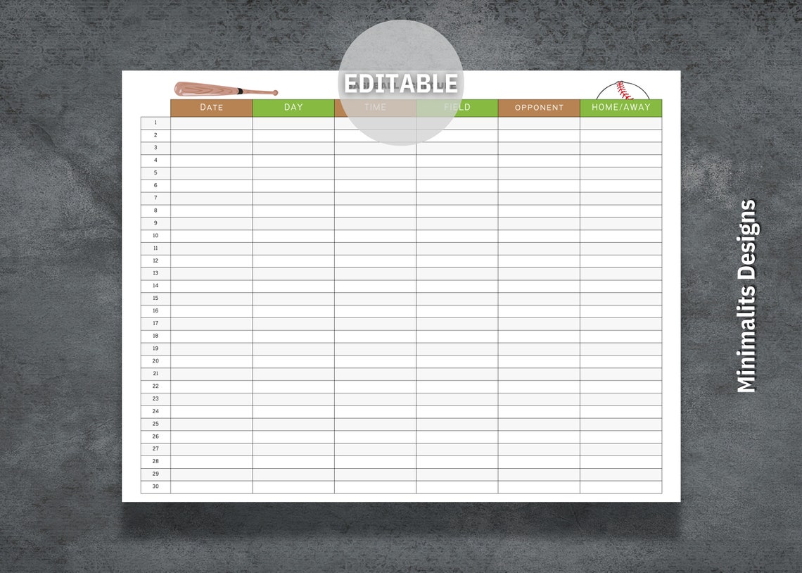 Baseball Schedule Template, Printable Baseball Schedule, Editable ...