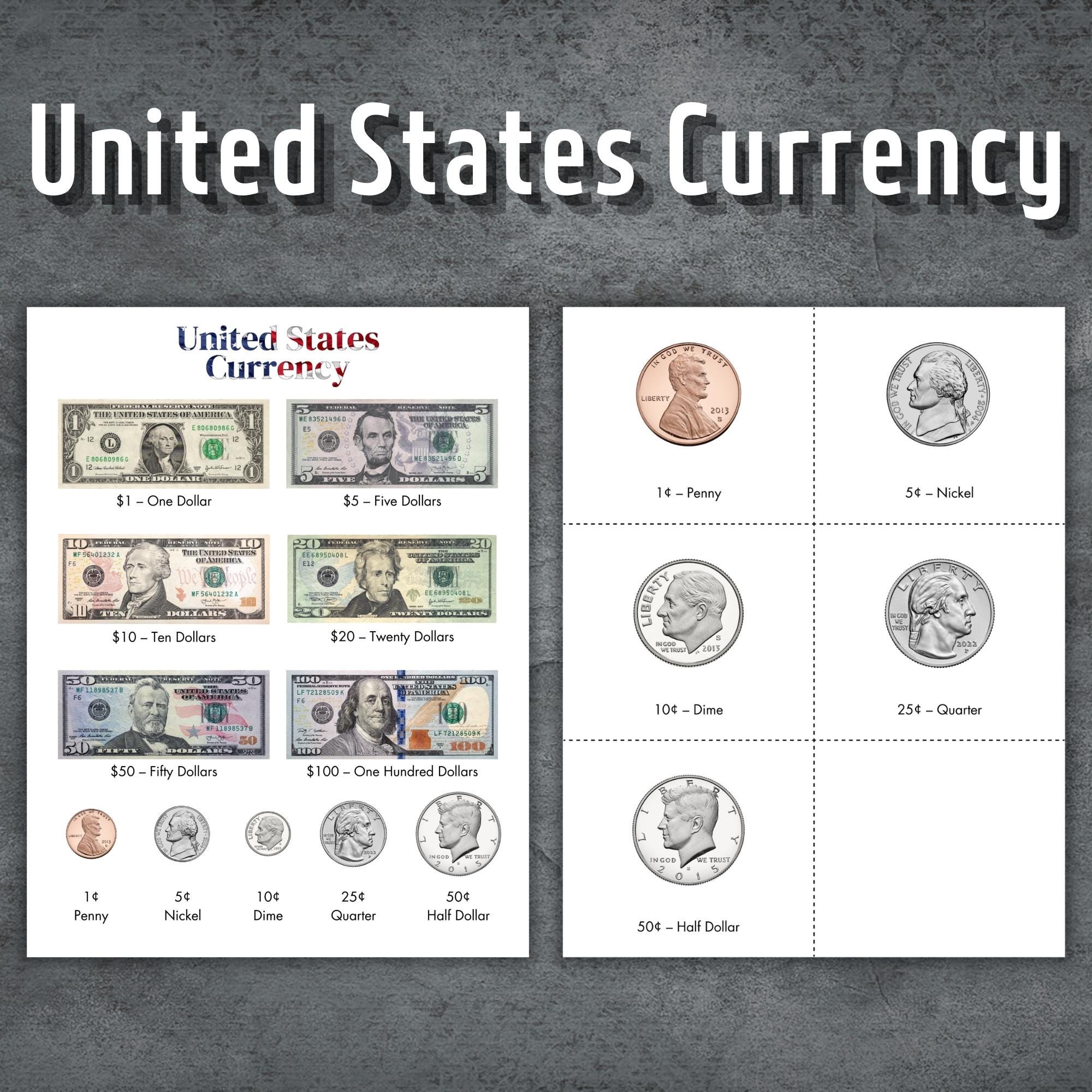 Moneda de Estados Unidos, Tarjetas didácticas para preescolares, Moneda ...