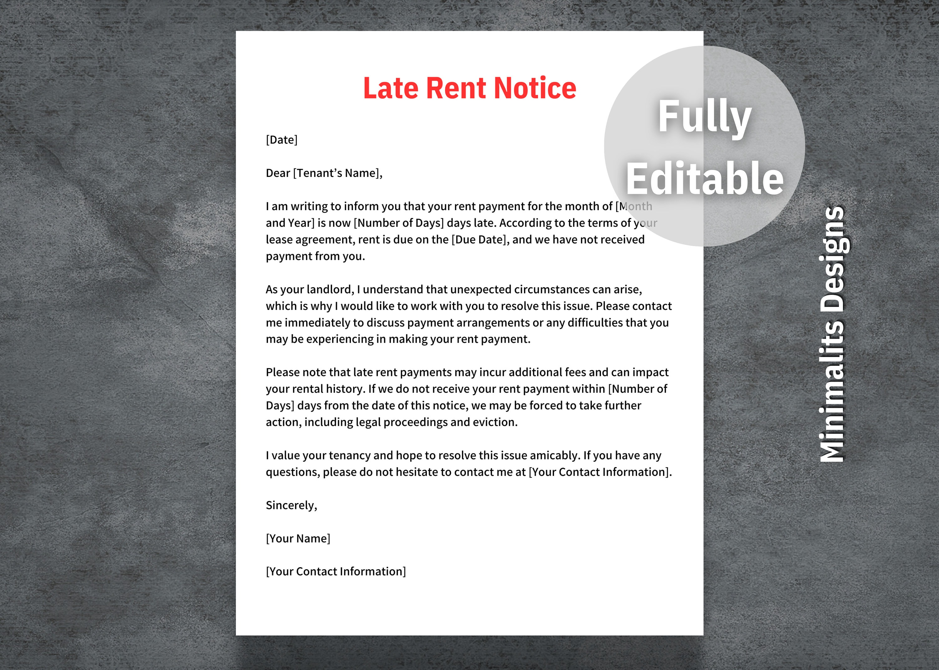 Late Rent Notice, Late Rent Letter, Late Payment Warning, Rent Payment ...