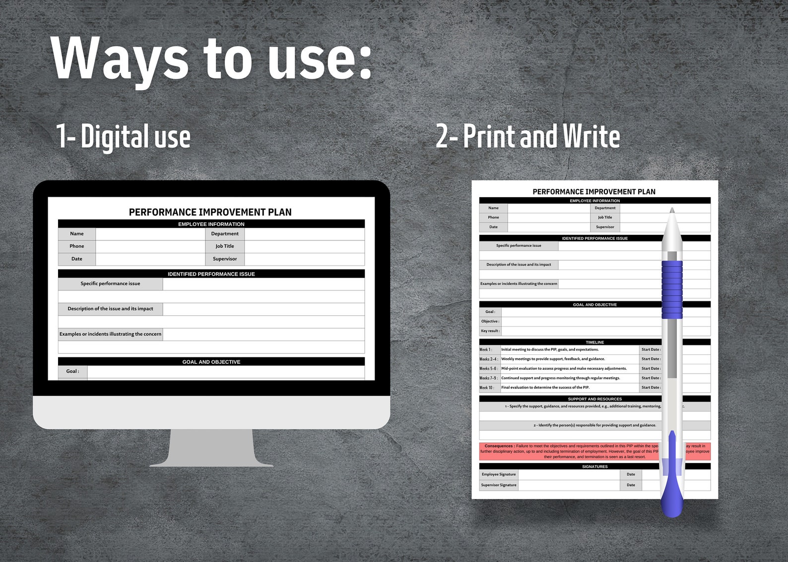 Performance Improvement Plan Template, Printable PIP Form, Human ...