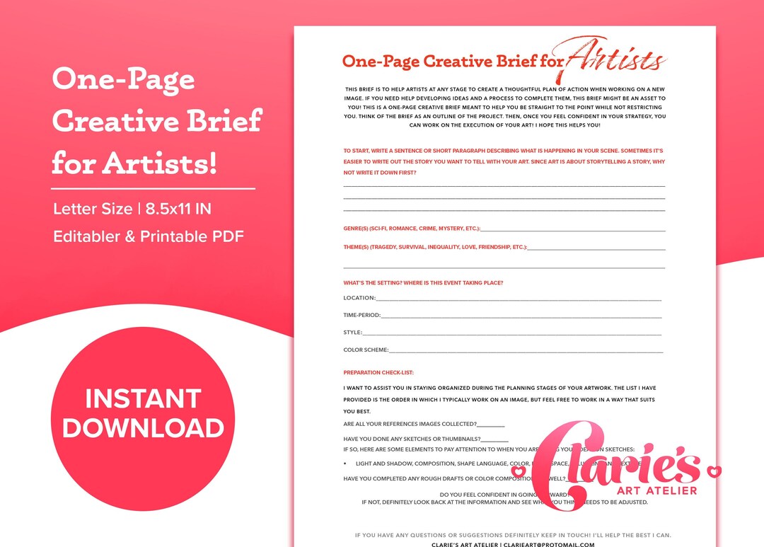 One Page Creative Brief for Artists Creative Project Management - Etsy