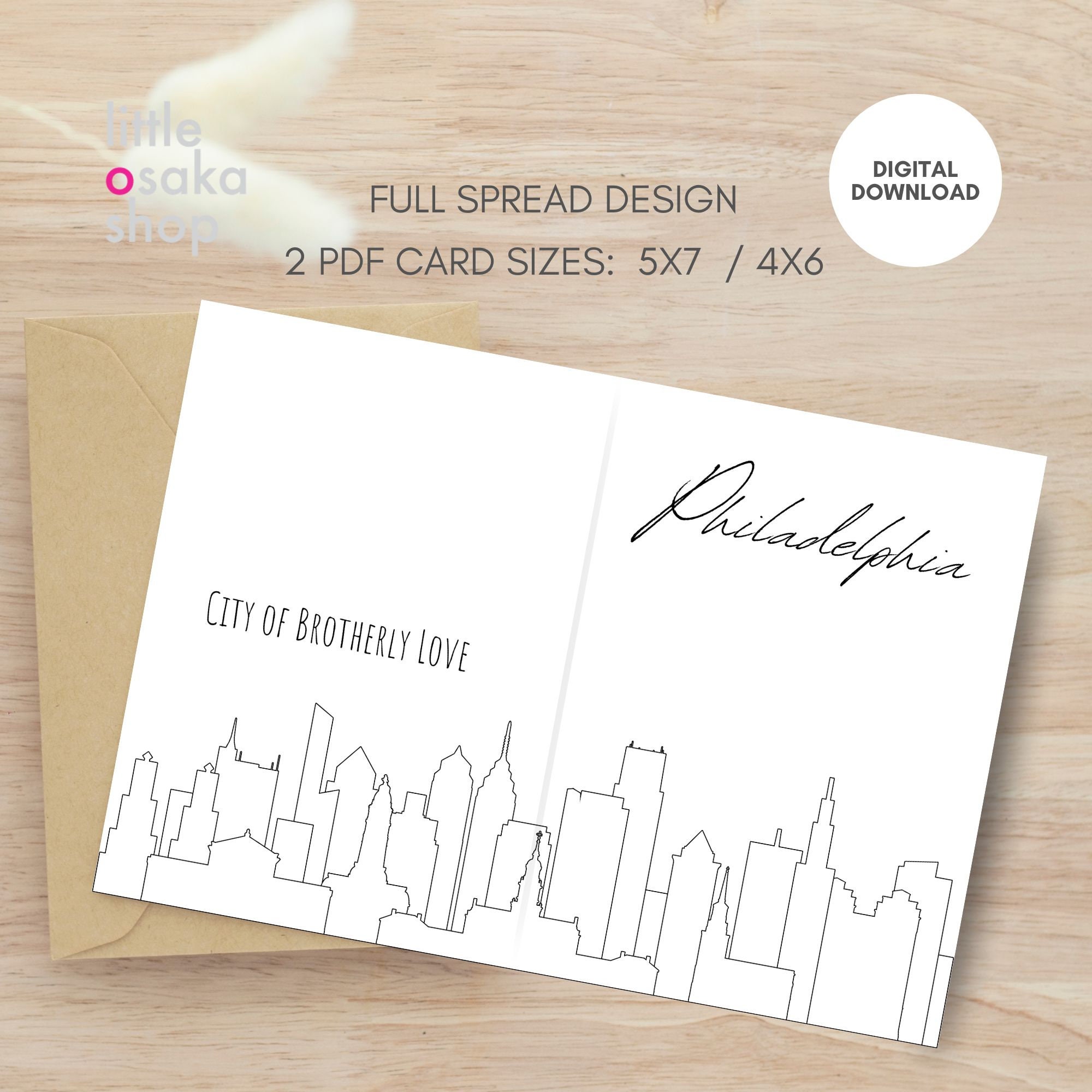 Set of 2 Printable Philadelphia Skyline Drawing Cards | Sizes 5x7 and ...