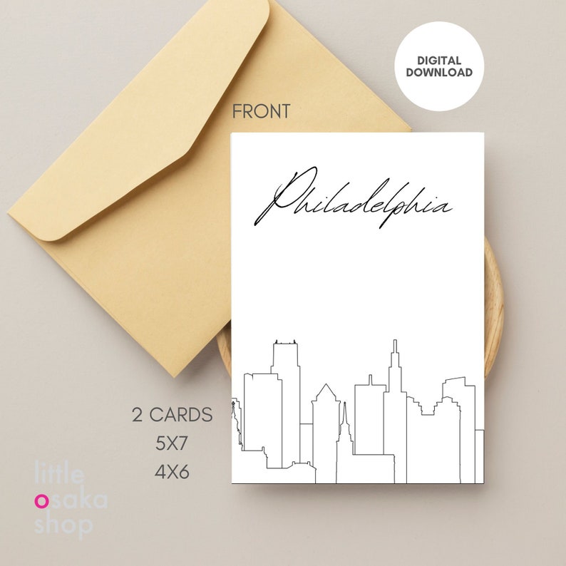 Set of 2 Printable Philadelphia Skyline Drawing Cards | Sizes 5x7 and ...