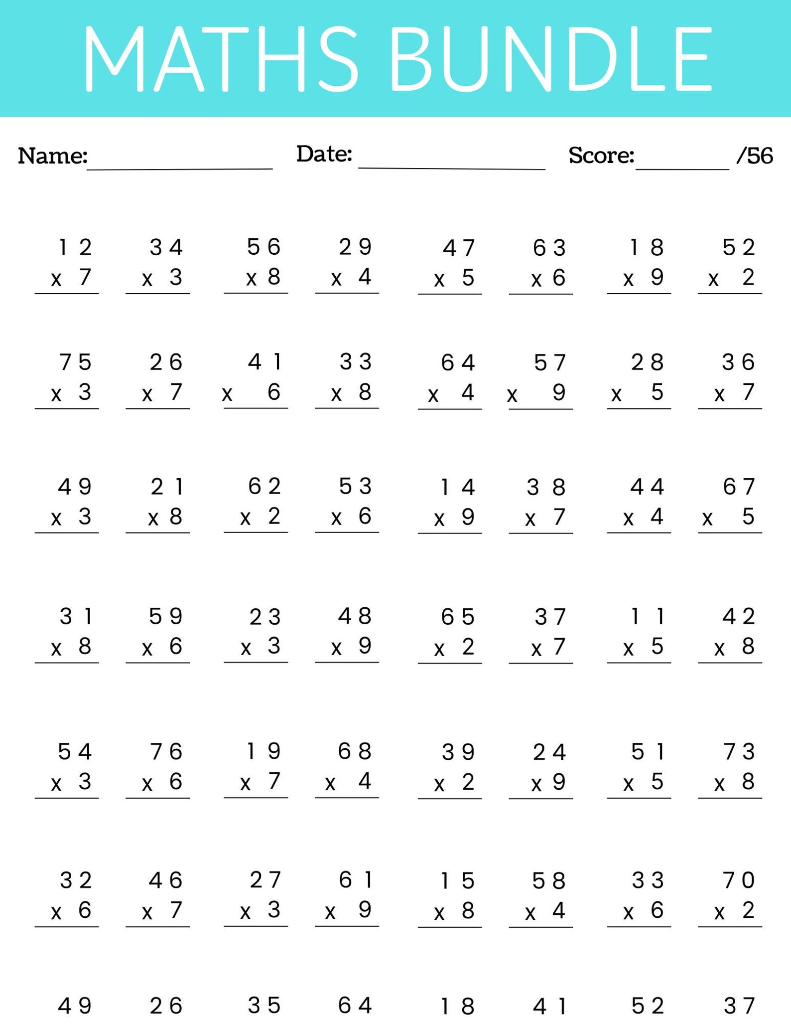 20 Pages of Printable Multiplication Worksheets Bundle - Single ...