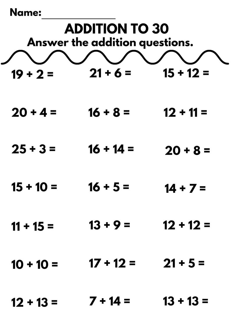 10 Printable Addition Worksheets – Fill in the Blanks Numbers 1–30 ...