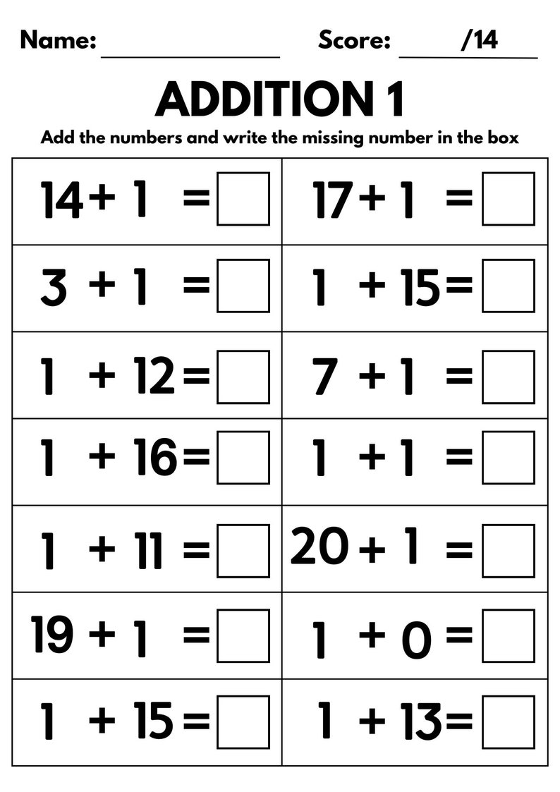 60 Printable Addition Fill in the Blanks Worksheets (numbers 1-20) for ...