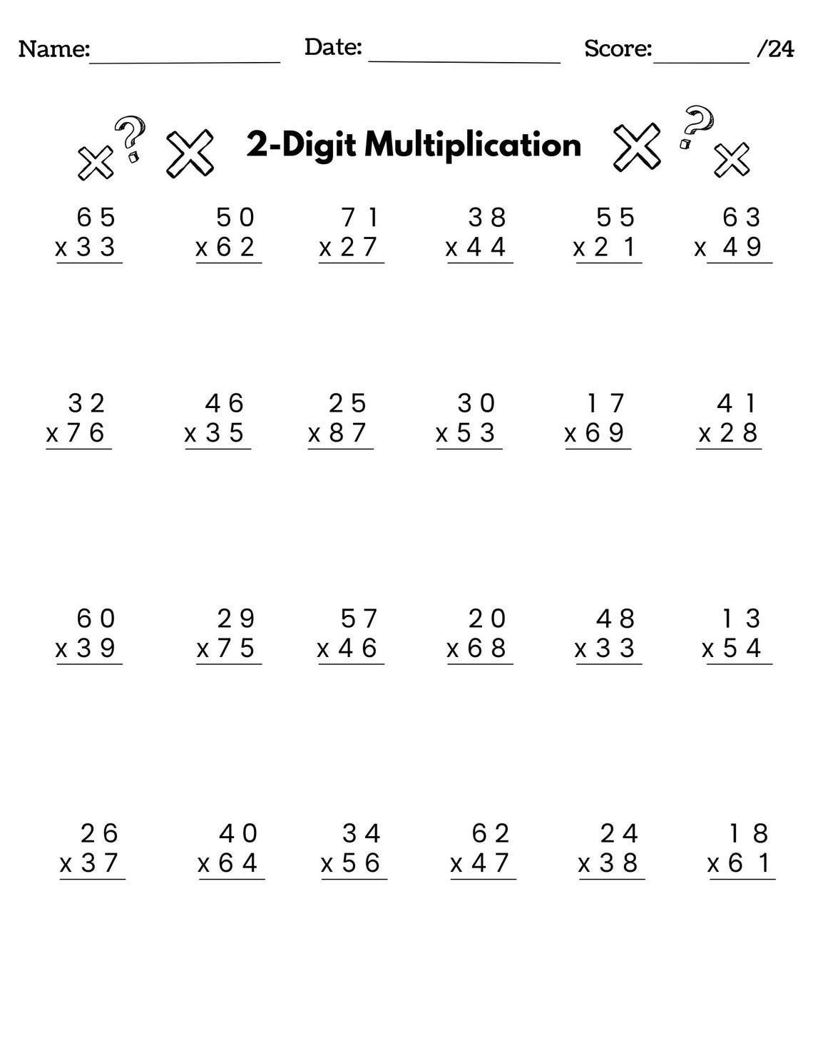 10 Double Digit Multiplication Worksheets – 2-digit by 2-digit Math ...