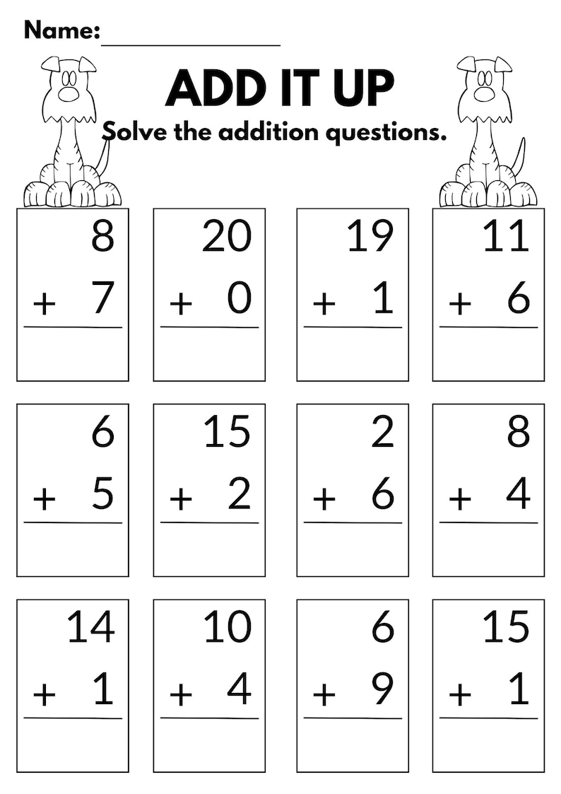 10 Printable Additition Worksheets, Numbers 1 to 20. Kindergarten - 1st ...