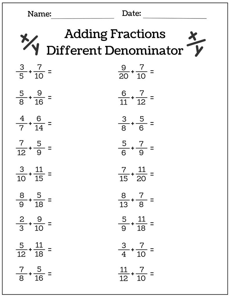 10 Printable Adding Fractions Worksheets With Different Denominators ...