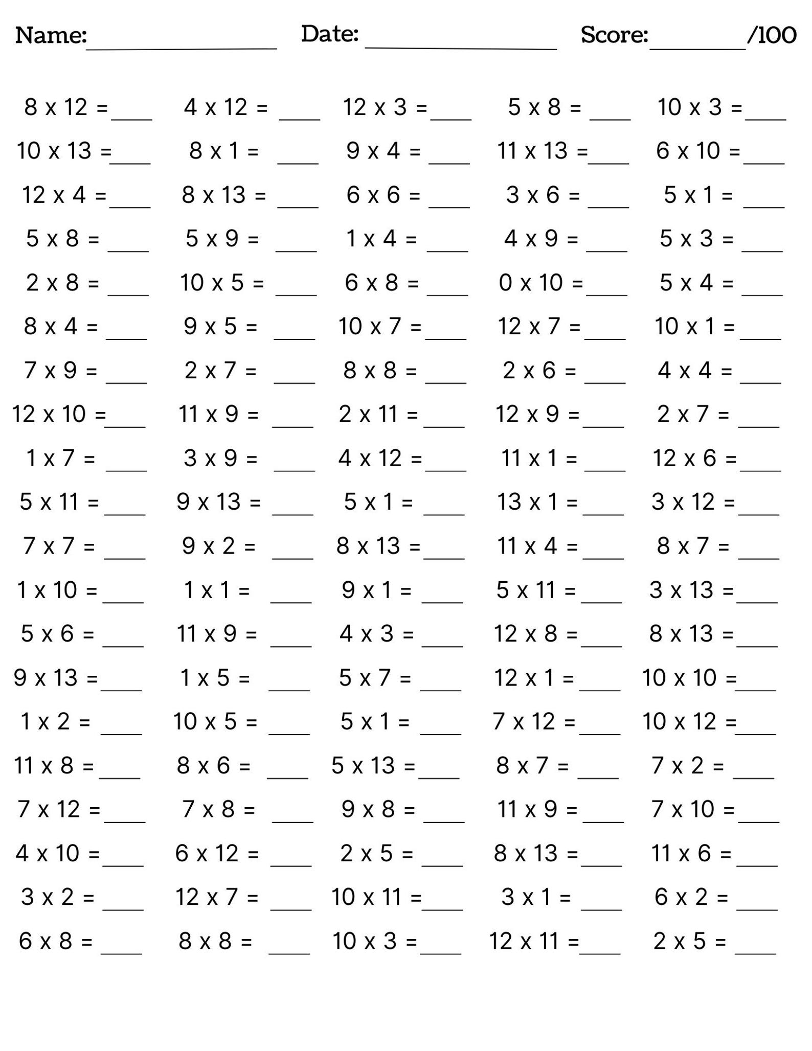 10 Printable Multiplication Worksheets Fill In The Blanks Single And
