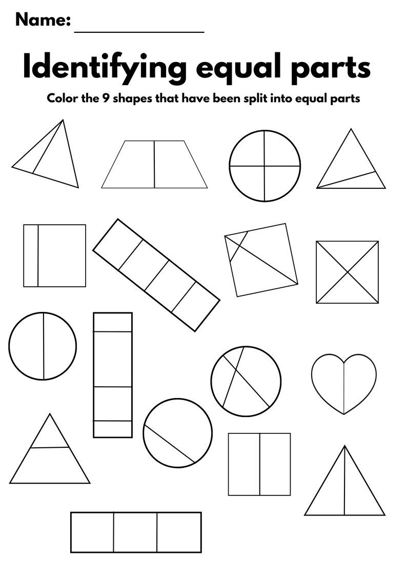 10 Printable Fraction Worksheets, Shapes, for Kindergarten-1st Grade ...