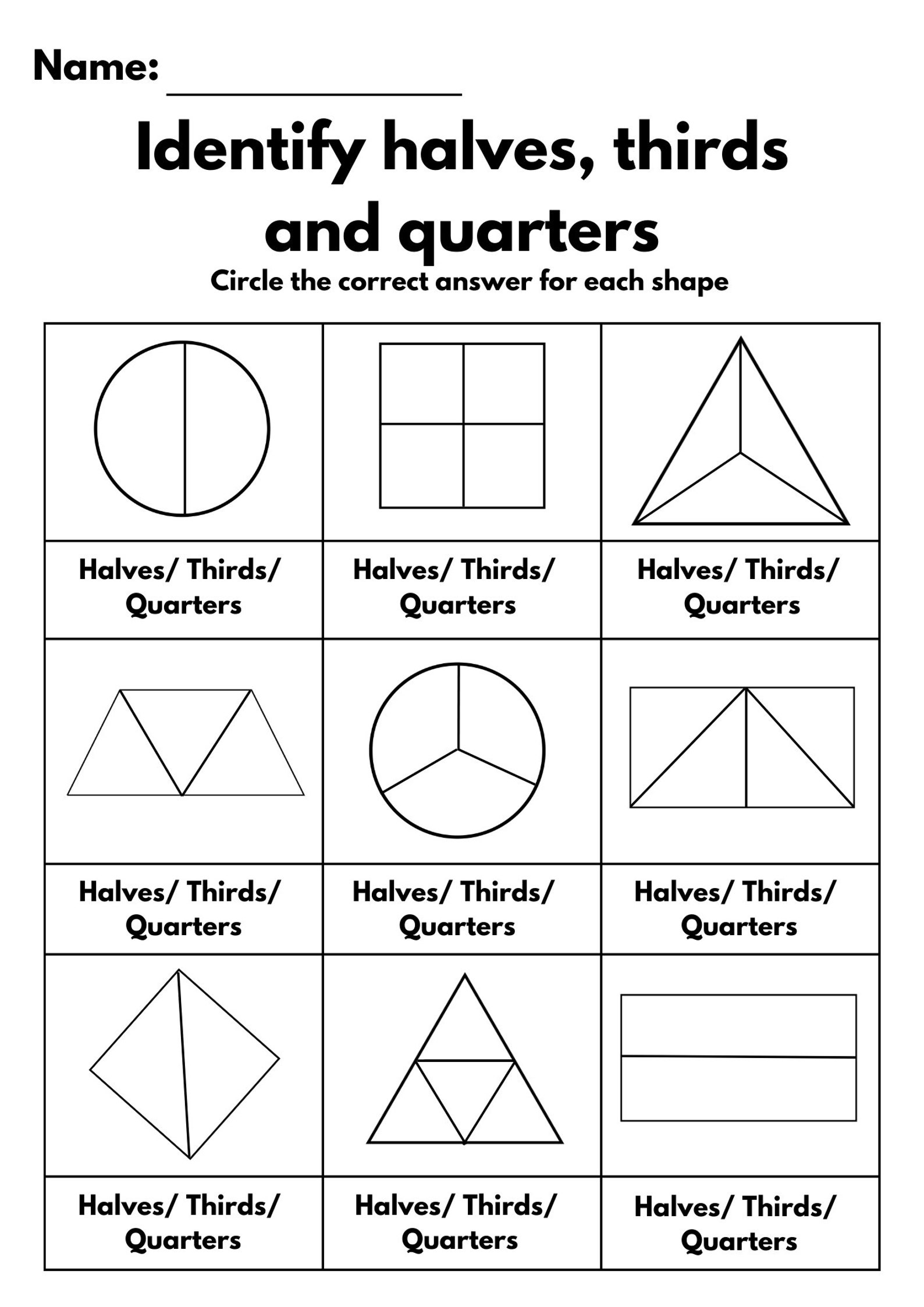 10 Fraction Worksheets for Kids – Halves, Thirds & Quarters – Printable ...