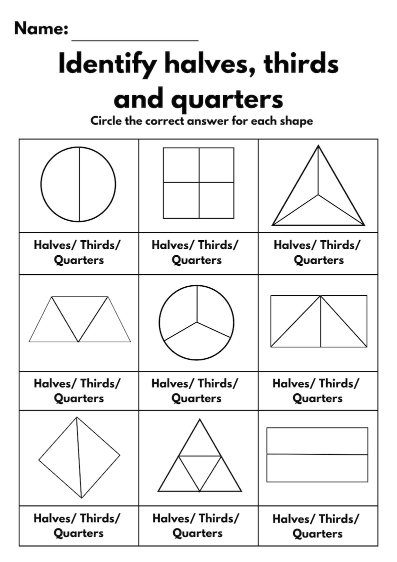 10 Fraction Worksheets for Kids – Halves, Thirds & Quarters – Printable ...