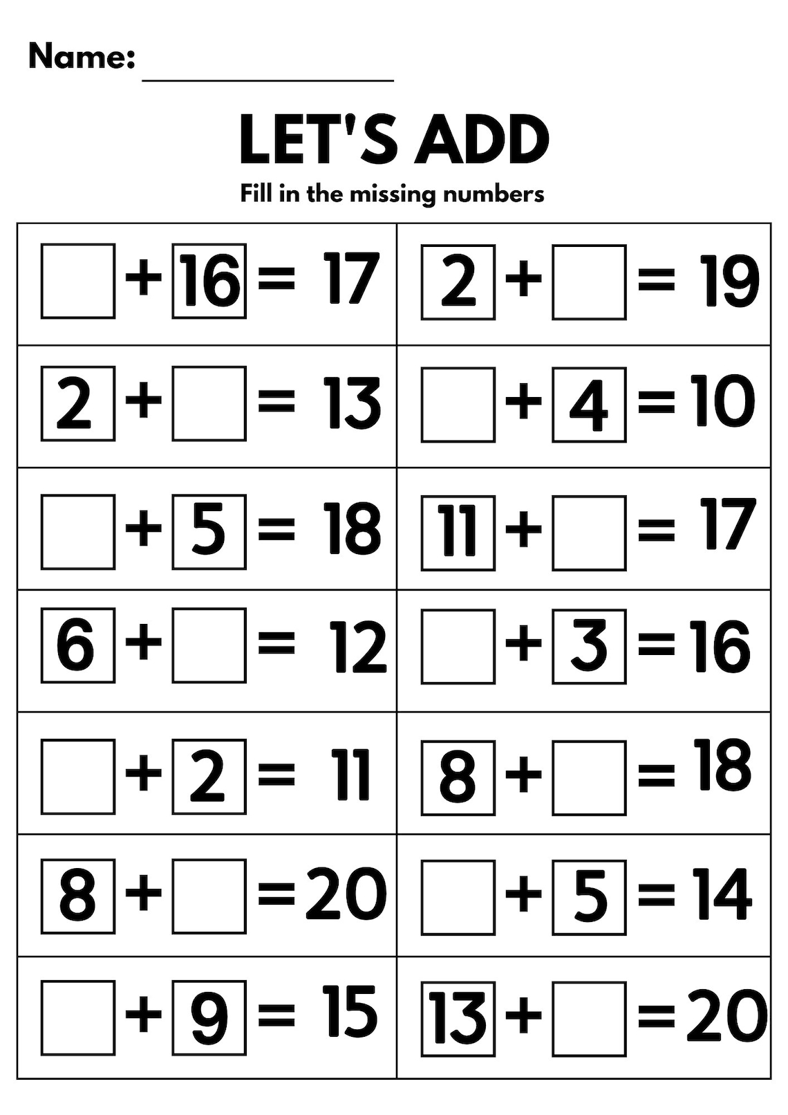 10 Printable Additition Fill in the Blanks Worksheets (numbers 1-20 ...