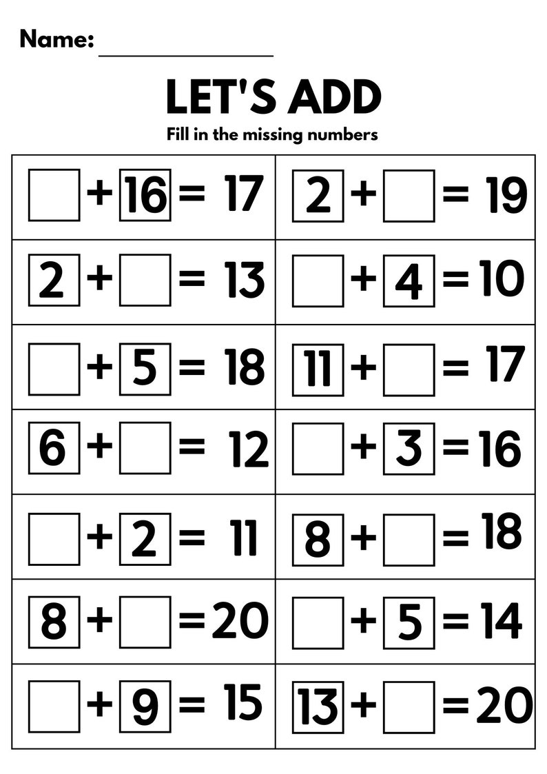 10 Printable Additition Fill in the Blanks Worksheets (numbers 1-20 ...